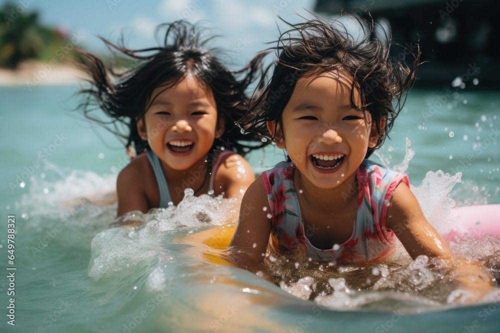 Happy asian kids in a aquapark water attraction Stock Photo | Adobe Stock