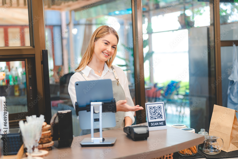 Happy smile waitress standing at restaurant, Young professional ...