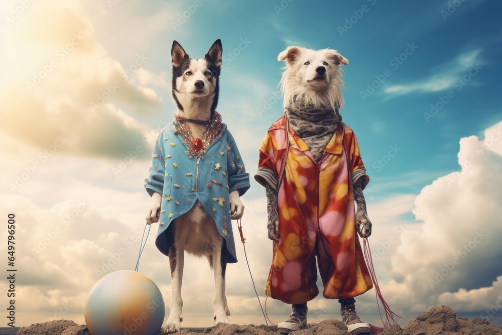 Two dogs standing like human in vintage style clothes. Background is ...