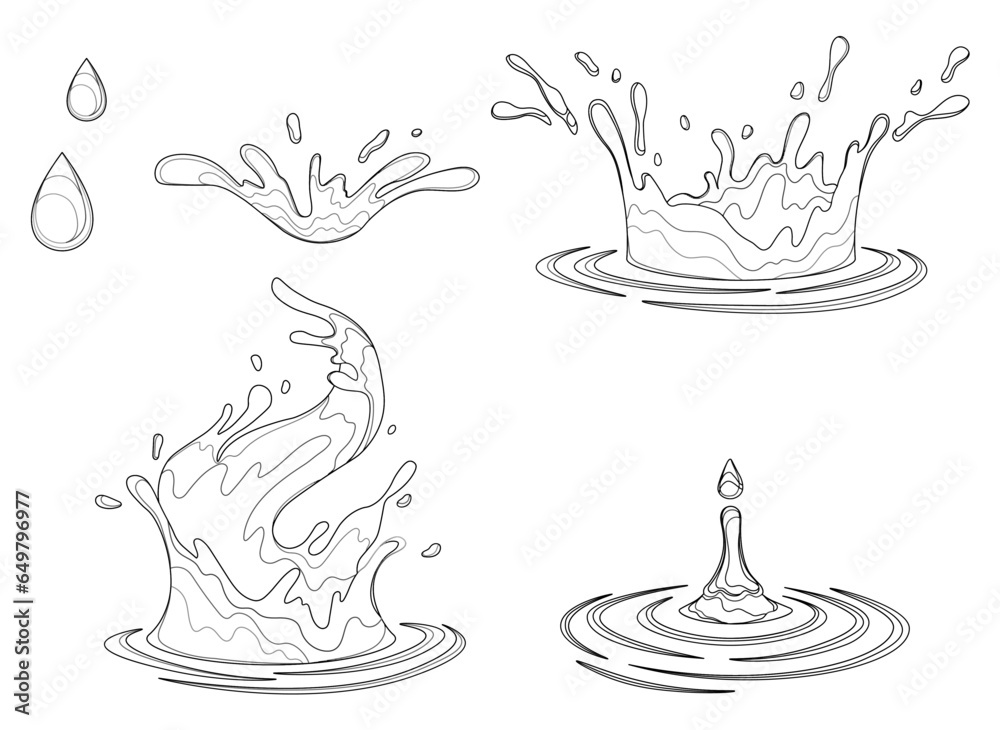 Water and juice splash liquide. Black doodle line. A dripped droplet ...