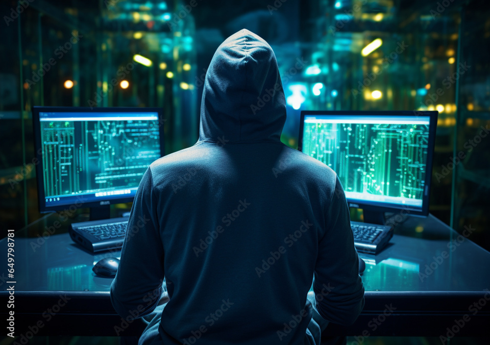 Generative AI. A man wearing hoodie from behind. Multiple computer ...