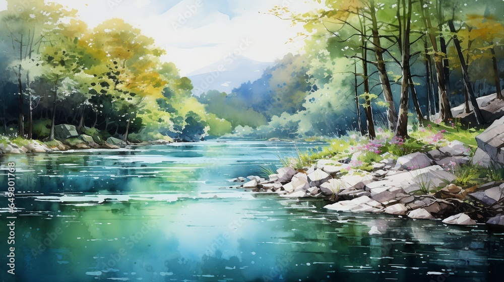 Watercolor Riverbank with Clear Flow, Riverside Trees, and Reflection ...