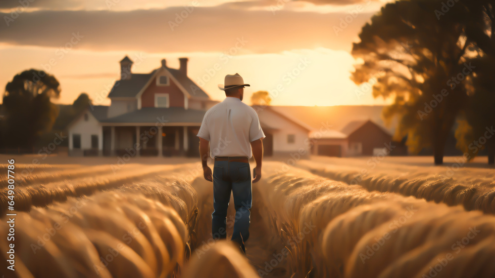 a adult white american farmer man standing on a wheat grass field ...