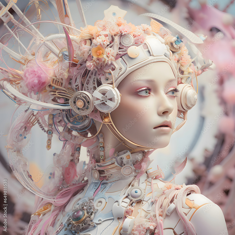 Beautiful cyborg woman with flowers on her head, or female figure ...