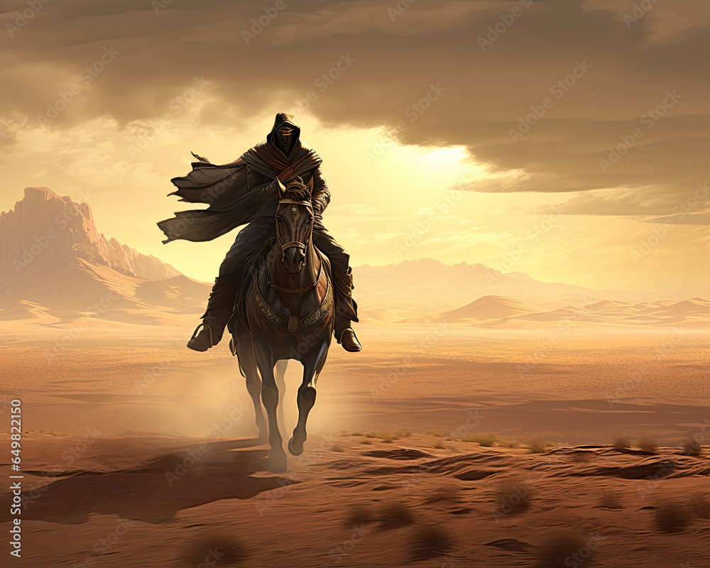 Valiant Soldier Riding a Steadfast Horse across a Vast Desert Stock ...