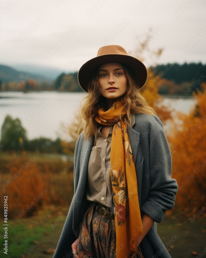 On a cool autumn day, a woman stands proudly by a lake, wearing a ...