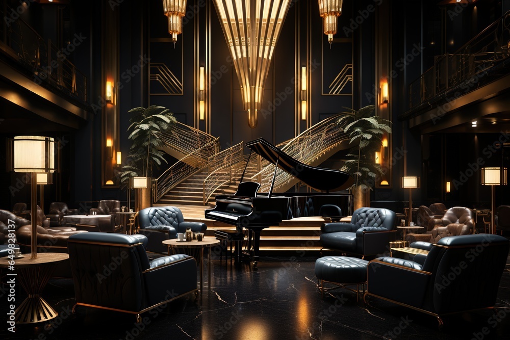 Art Deco Jazz Club with a grand piano, velvet banquettes, brass details ...