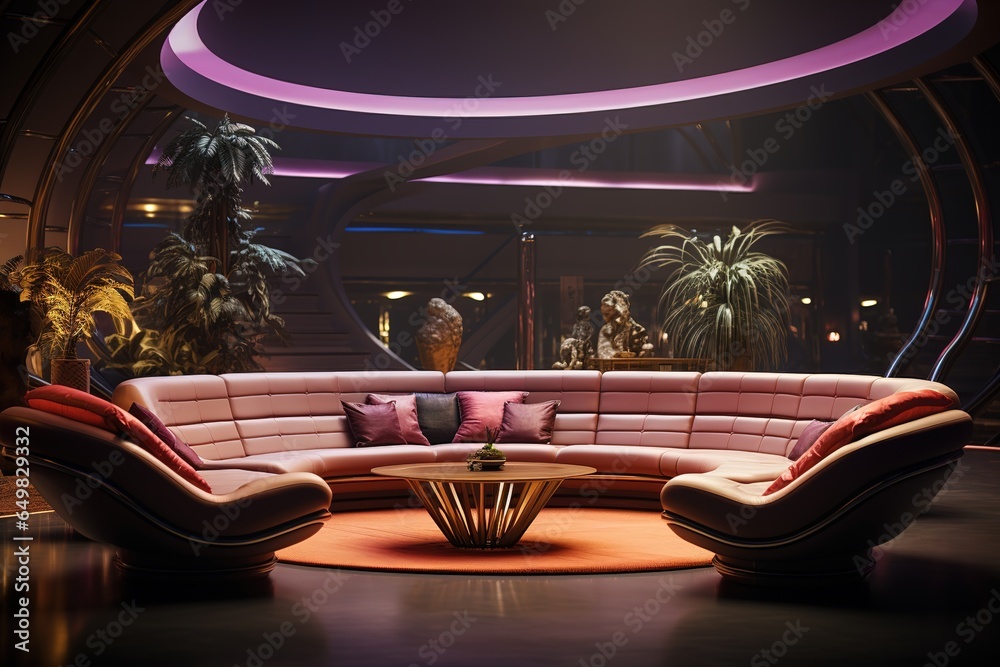 Extraterrestrial Lounge with alien artifacts, futuristic seating, and a ...