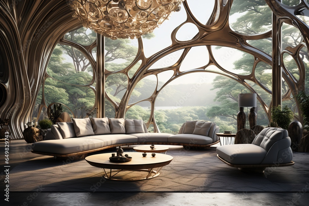 Futuristic Tree of Life Living Room with a massive tree centerpiece ...