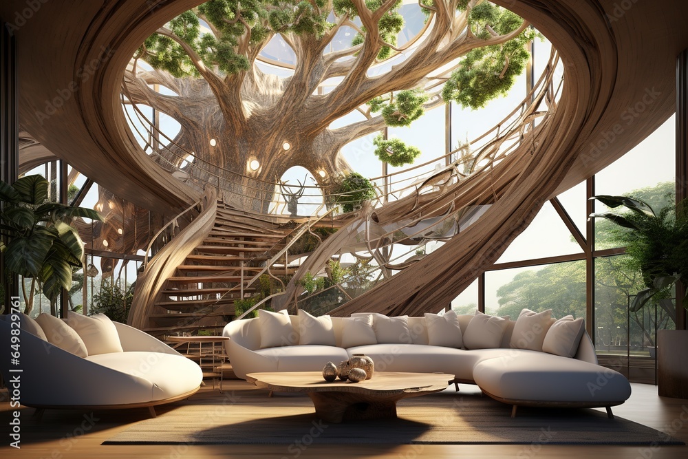 Futuristic Tree of Life Living Room with a massive tree centerpiece ...