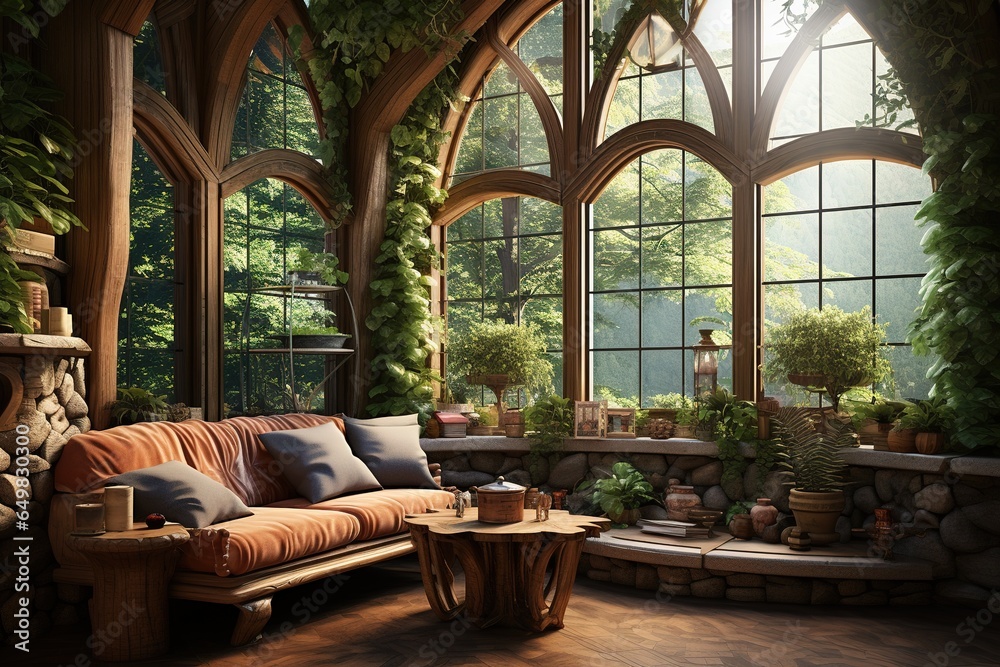 Forest Glade Living Room with enchanted forest views, mythical ...