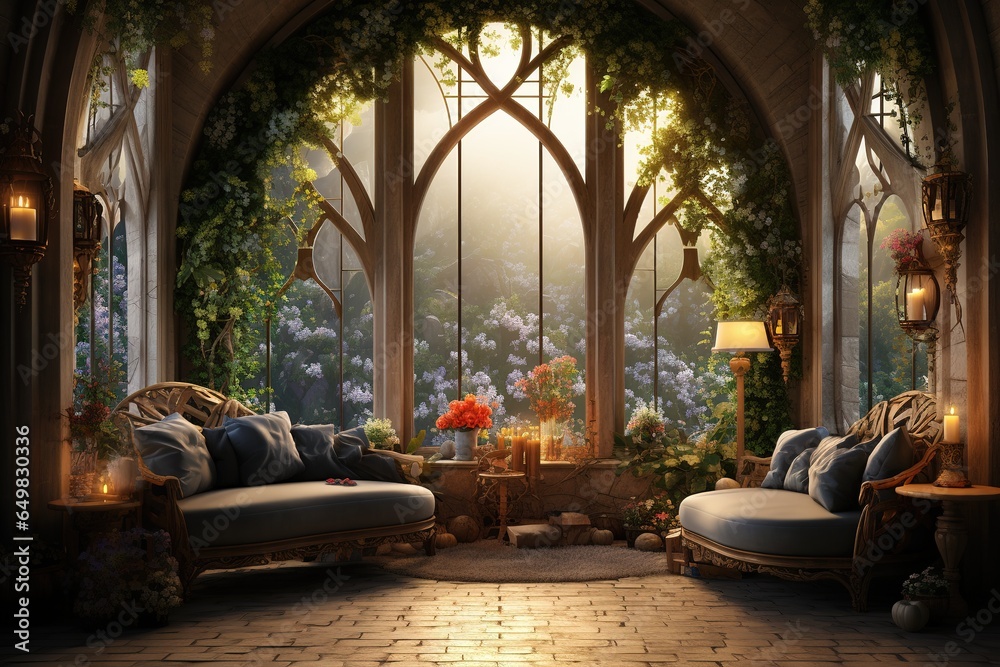 Forest Glade Living Room with enchanted forest views, mythical ...