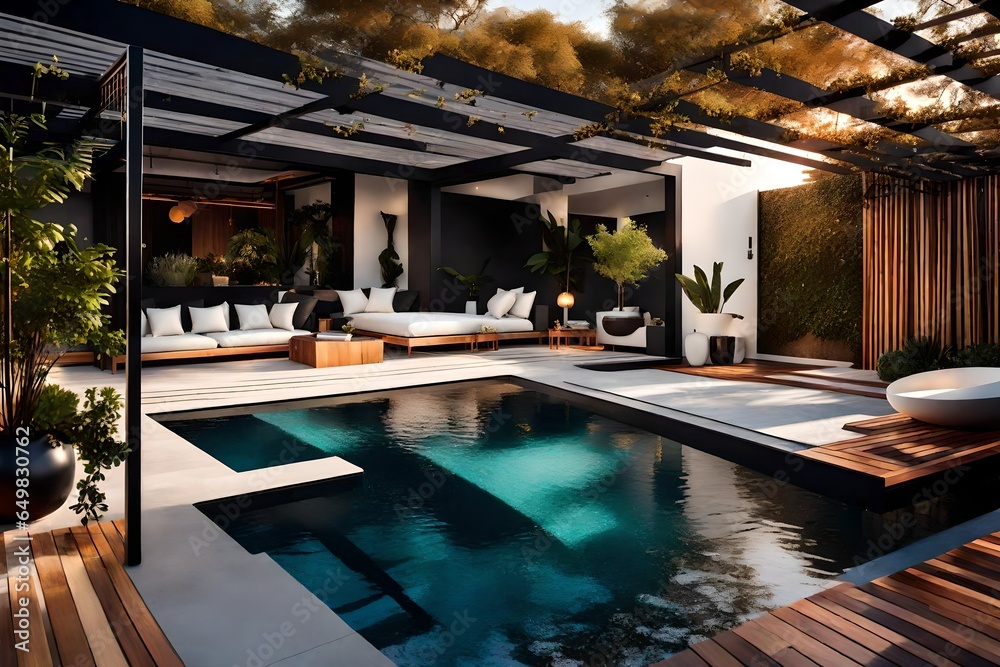 luxury hotel room with pool ,a lavish side outside garden at morning ...