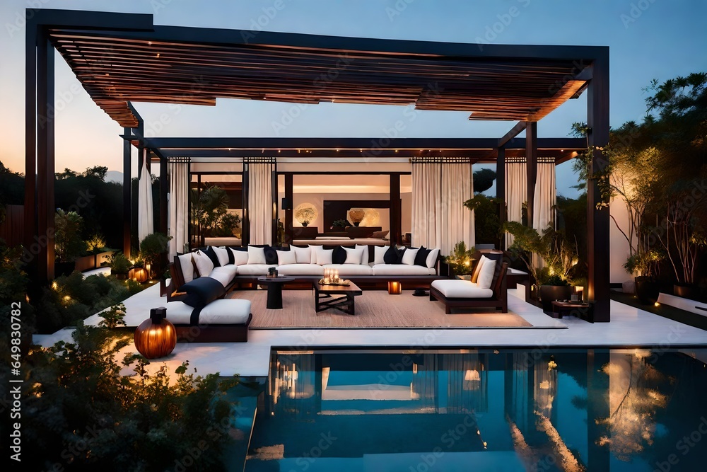 luxury hotel room with pool ,a lavish side outside garden at morning ...