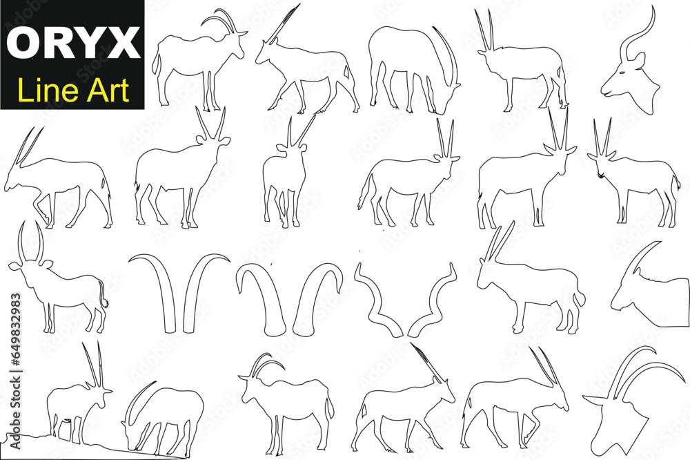 Oryx line art vector illustration, hand-drawn sketch of oryx antelope ...