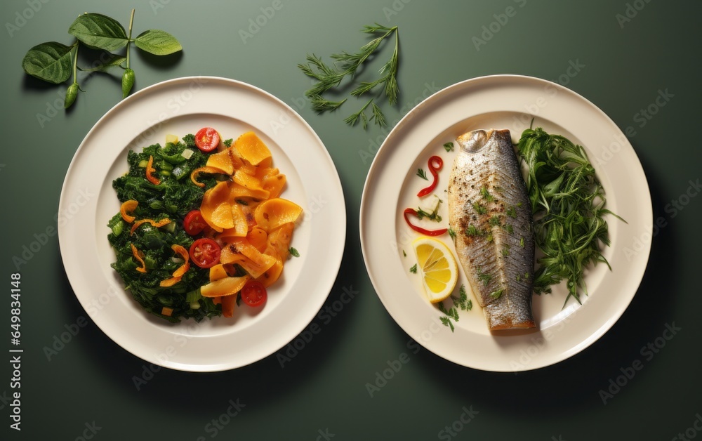 Cooked fish dishes from the restaurant menu, top view. Healthy eating ...