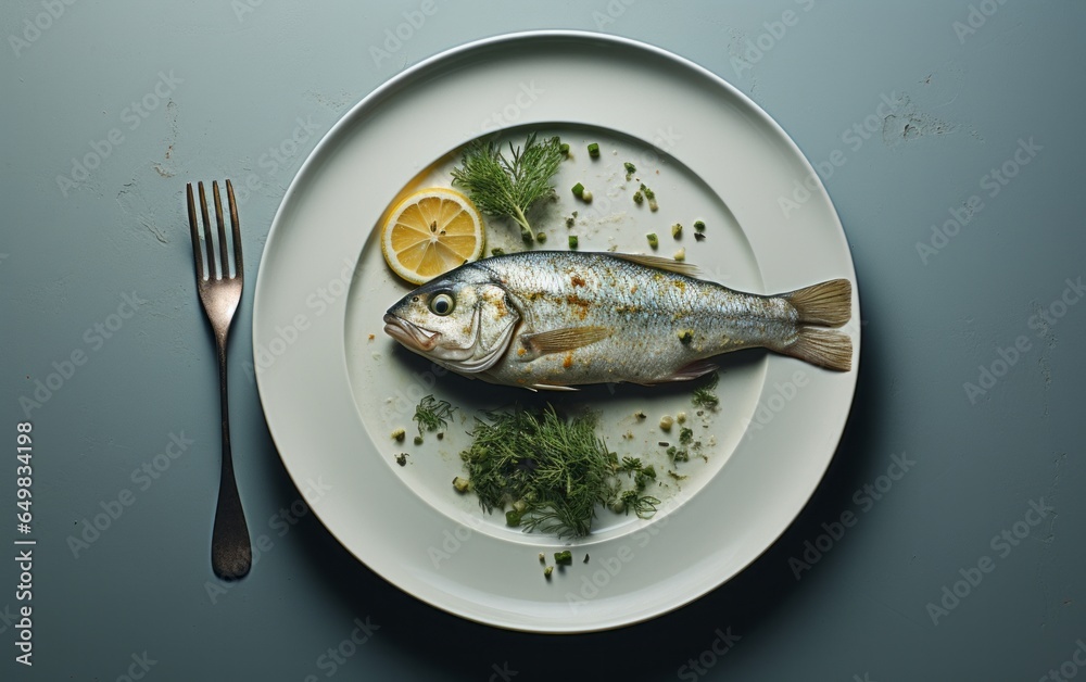 Cooked fish dishes from the restaurant menu, top view. Healthy eating ...