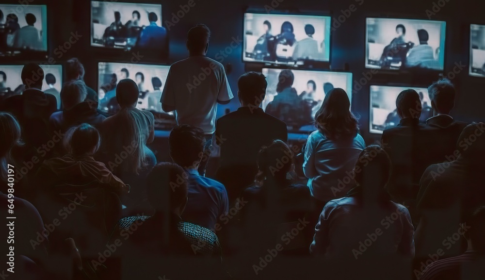 People crowd watching TV. TV addiction, propaganda and fake news ...