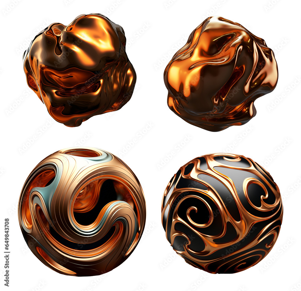 Copper liquid curly metal shapes isolated. Bold melty golden nugget ...