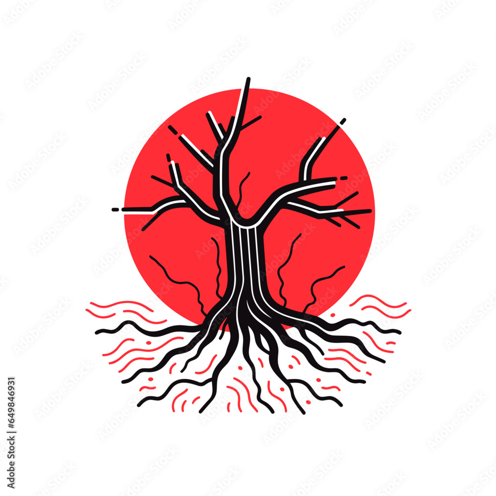 Root rot vector icon in minimalistic, black and red line work, japan ...