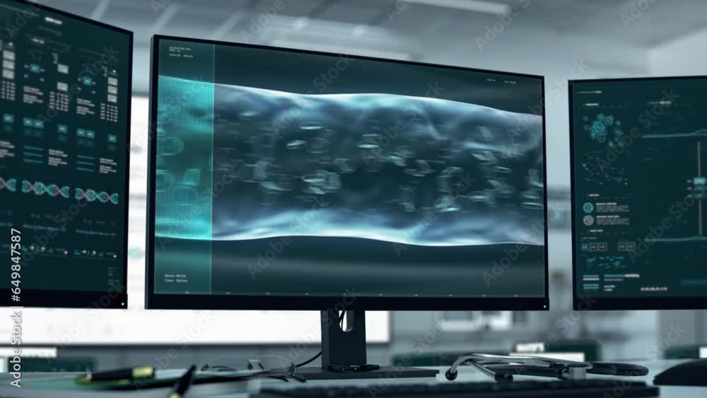 Futuristic medical scanner examining the human red blood cells ...