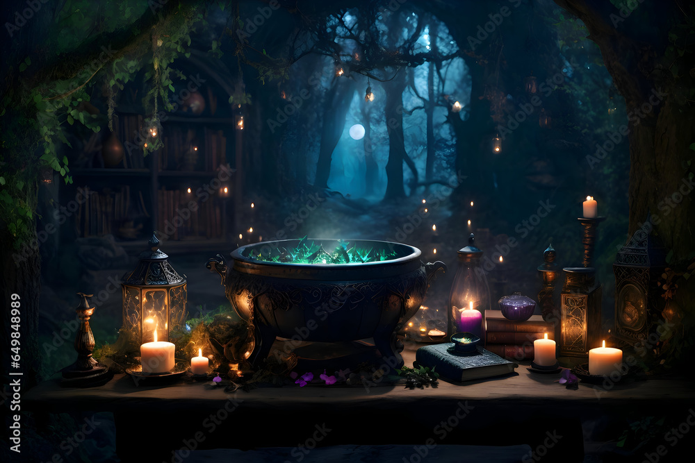 Enchanting Witch's Lair in Mystical Forest: Fantasy Artwork with ...
