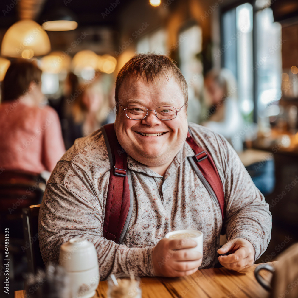 adult man with Down syndrome, in a coffee shop, disability, customer ...