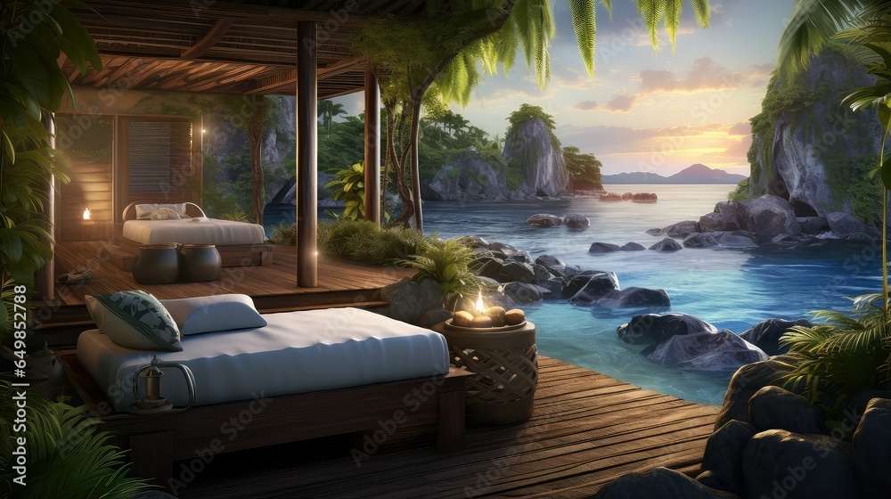 tropical island spa retreat illustration summer travel, nature fit ...