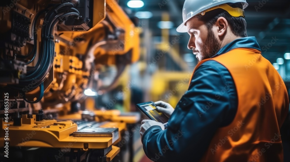 Engineer checking machines for safety protocol in a manufacturing plant ...