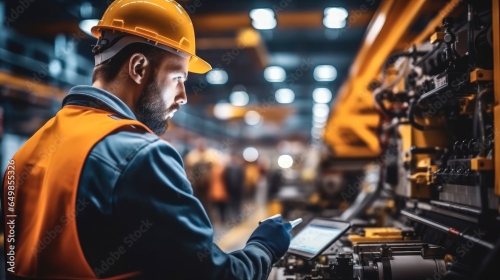 Engineer checking machines for safety protocol in a manufacturing plant ...