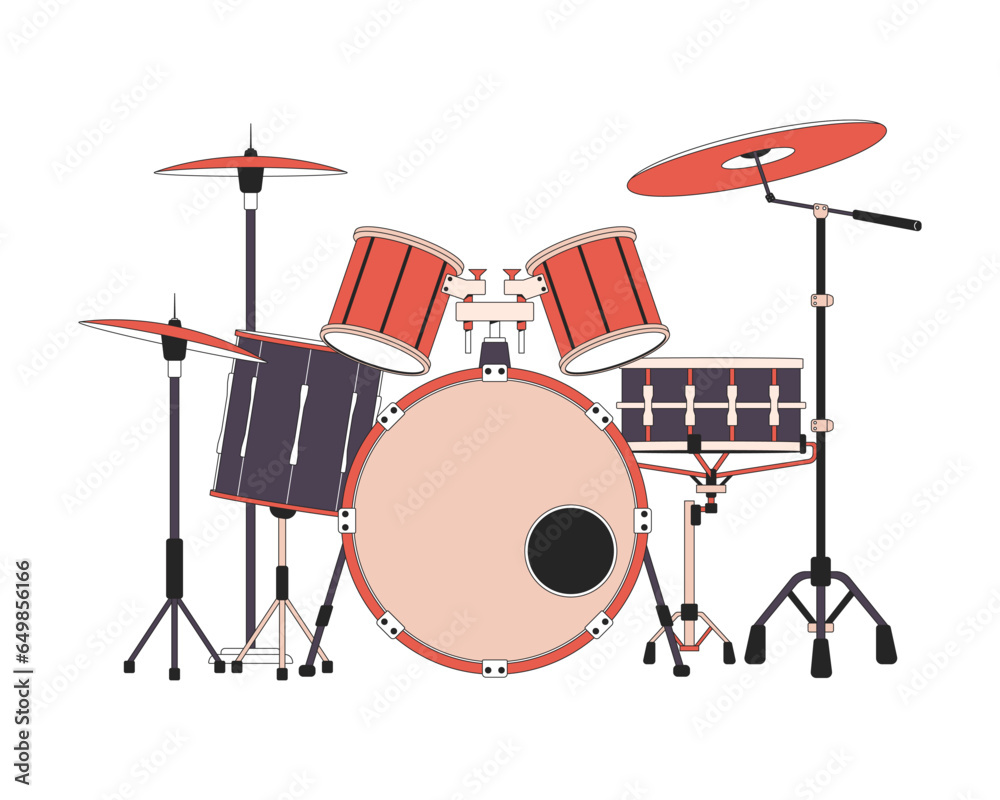 Drum set 2D linear cartoon object. Musical percussion instrument ...