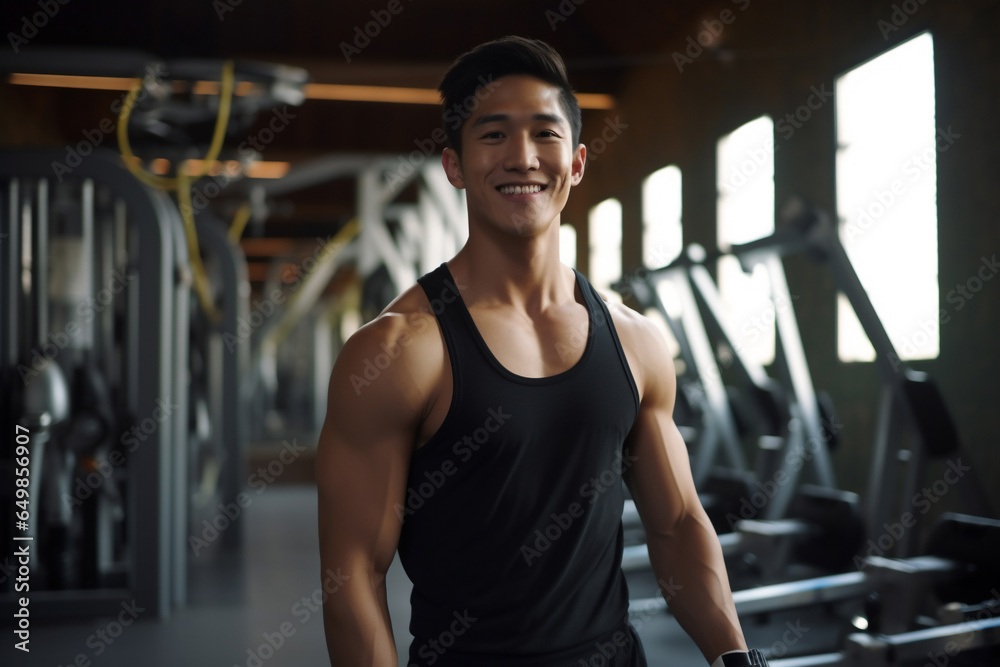A beautiful strong and fit Asian man is running concentrated and ...