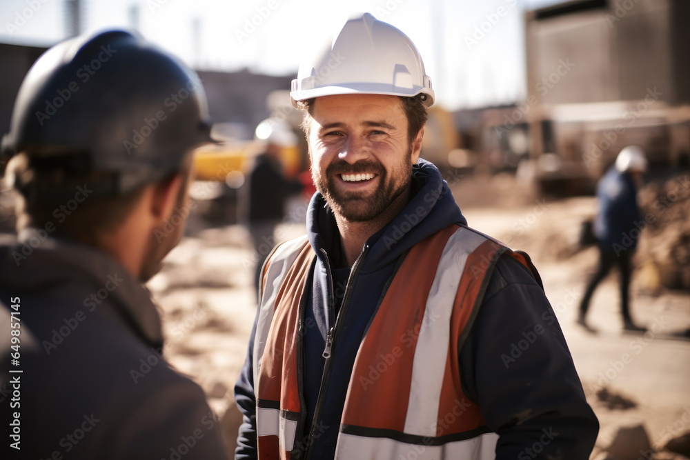 Construction worker stand at construction site. Stock Photo | Adobe Stock