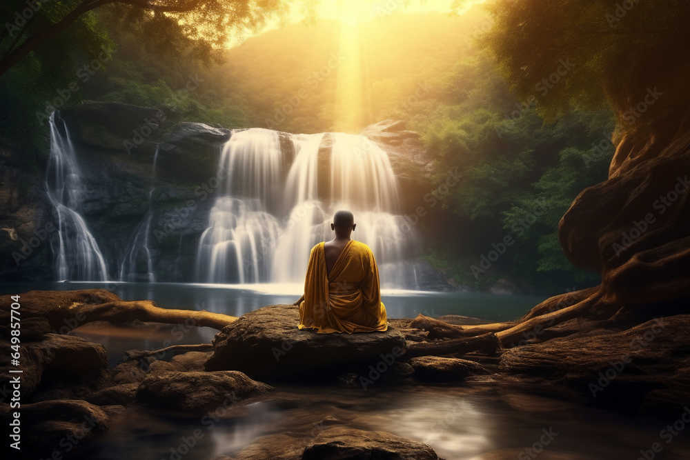 A traditional clothed spiritual monk is visualize with a concentrated ...