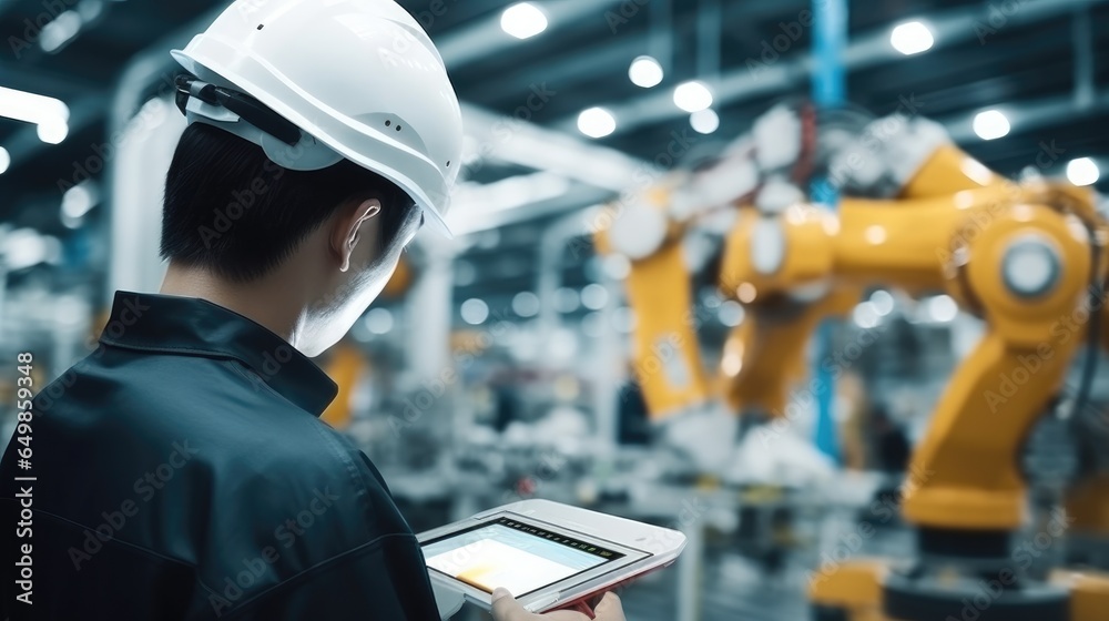 Robotic engineer work at factory, Male technician worker maintenance ...