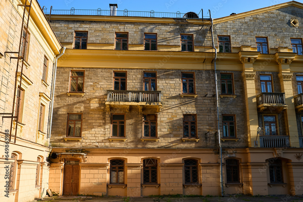 View of the facade of typical soviet building, the construction of the ...