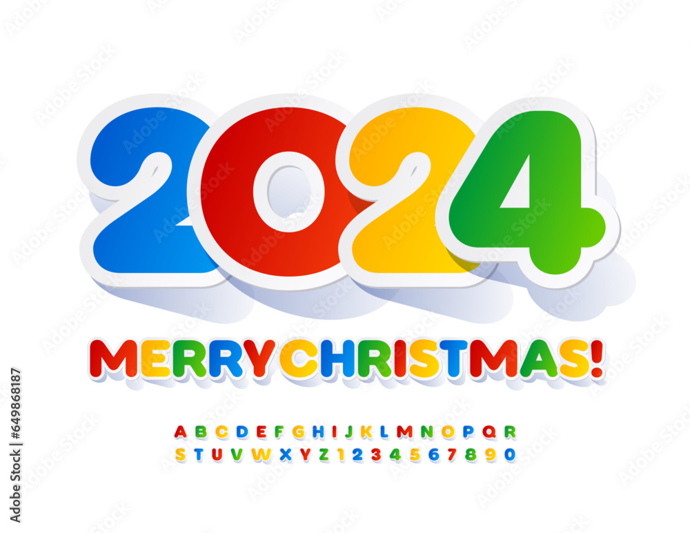 Vector modern Greeting Card Merry Christmas 2024! Bright Colorful Font ...