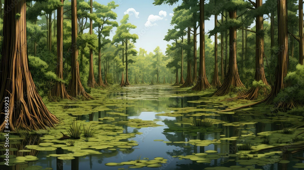 water cypress swamp dense illustration park green, wilderness moss ...