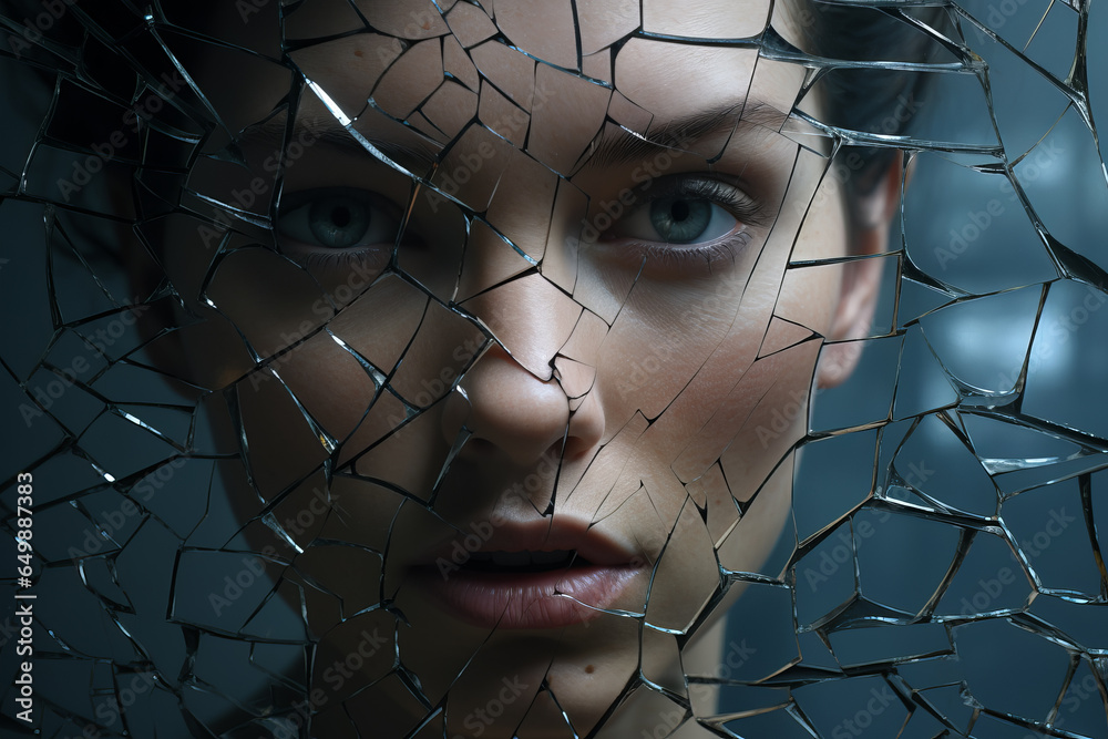 Beautiful Girl Head Shot with Broken Glass on Face Stock Illustration ...