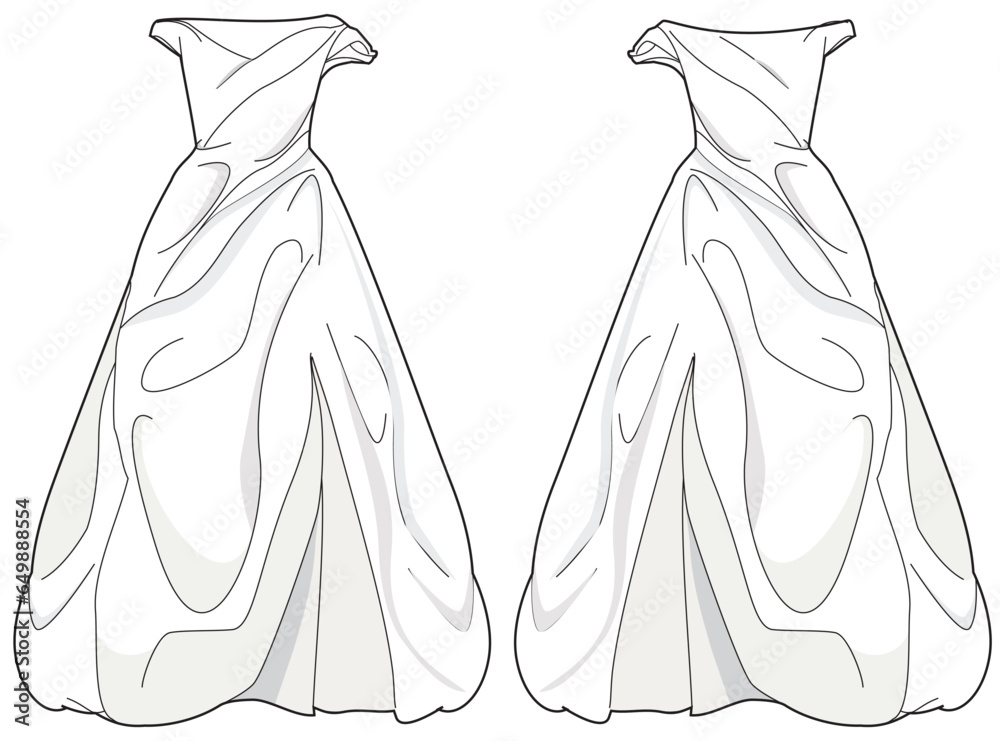 Off shoulder draped ball gown wedding dress design flat sketch fashion ...