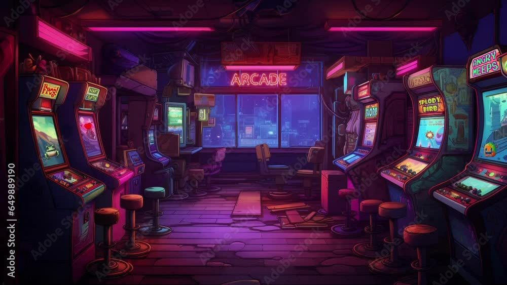 Retro Cozy Pixel Art Arcade with Animated Video Game Cabinets On Rainy ...