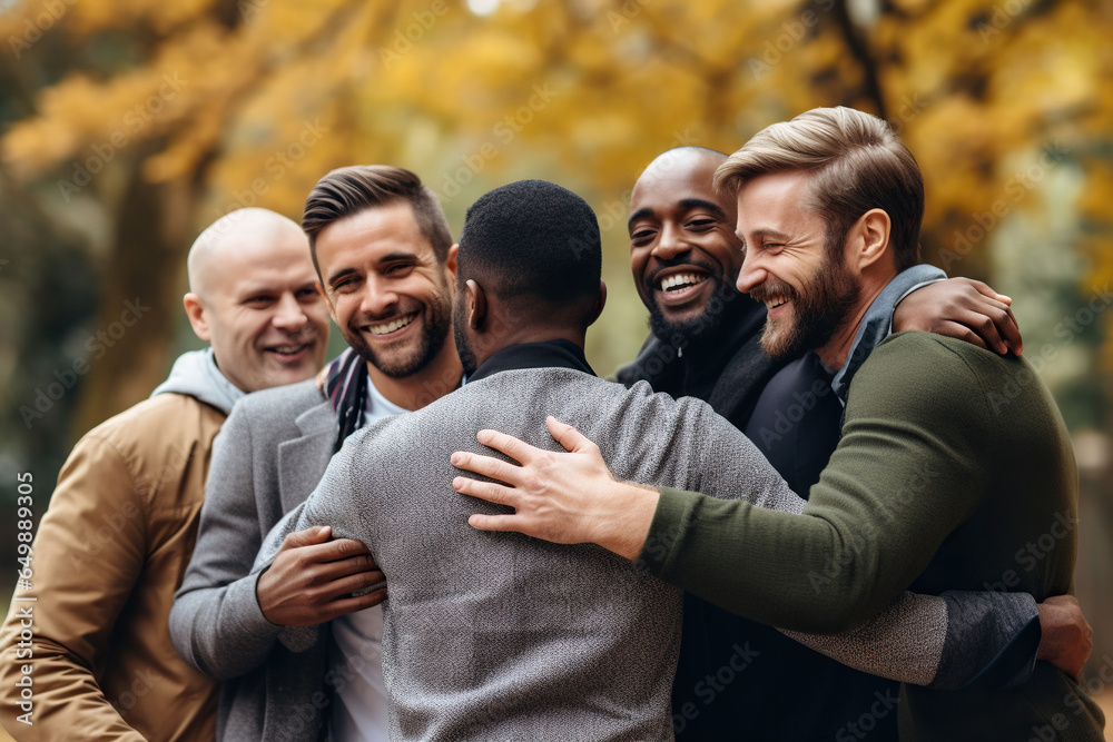 Supportive diverse male friends hugging each other at group therapy ...