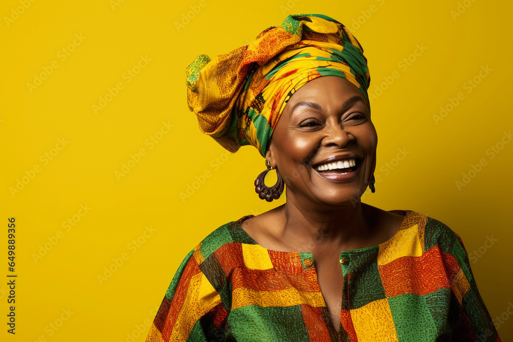 Happy black woman wearing a traditional attire against a yellow ...