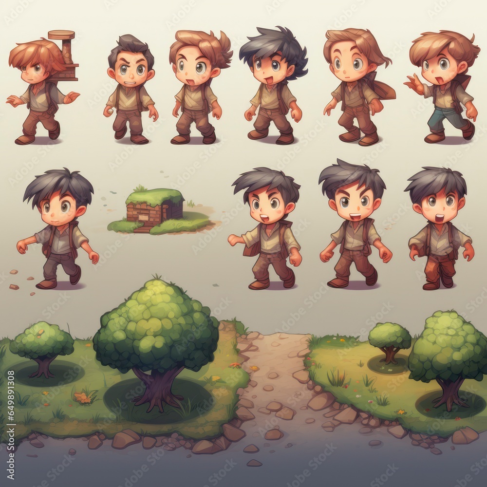 an asset pack for 2D video game of a boy running, boy is seen from the ...