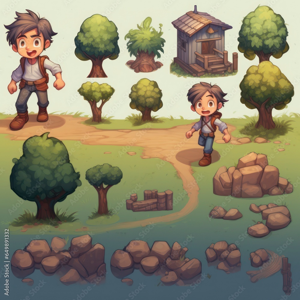 an asset pack for 2D video game of a boy running, boy is seen from the ...