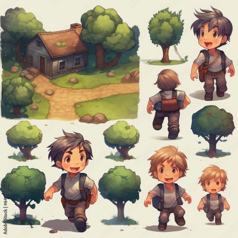 an asset pack for 2D video game of a boy running, boy is seen from the ...