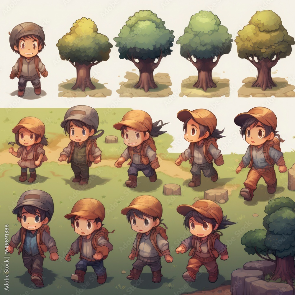 an asset pack for 2D video game of a boy running, boy is seen from the ...