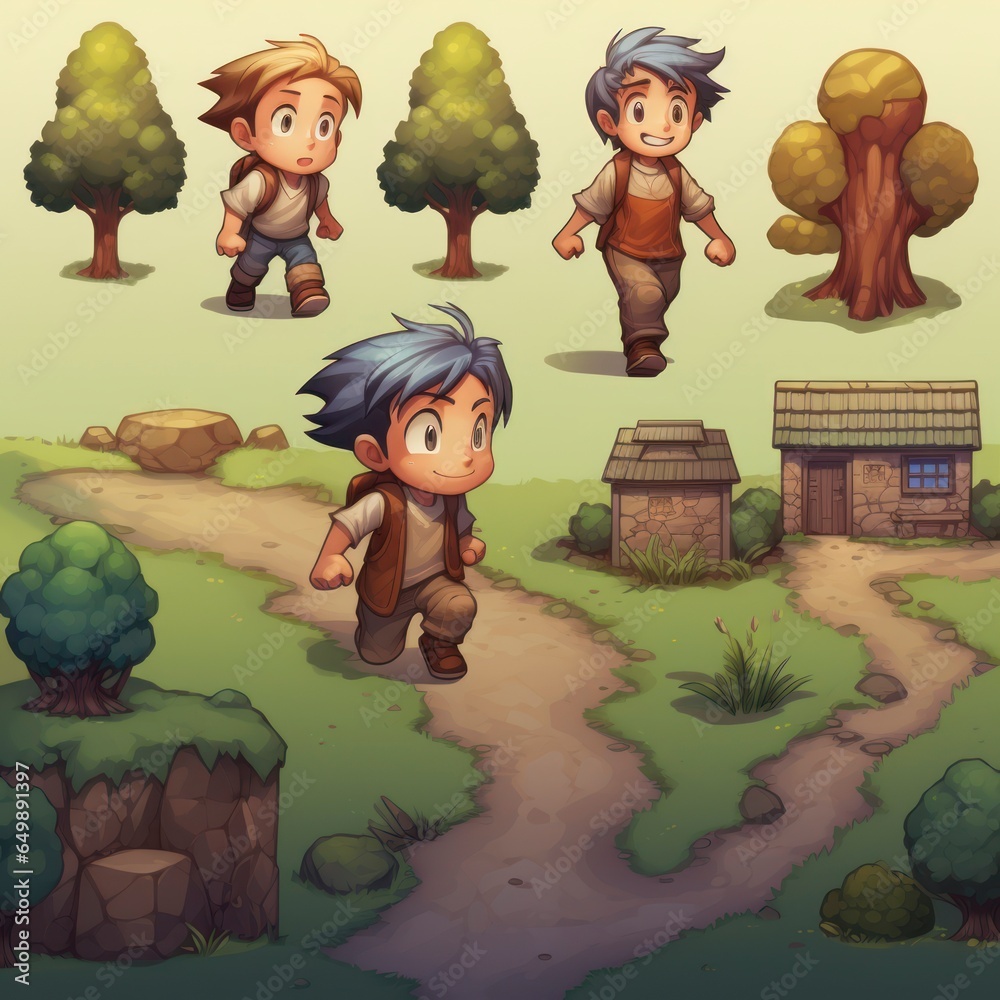 an asset pack for 2D video game of a boy running, boy is seen from the ...