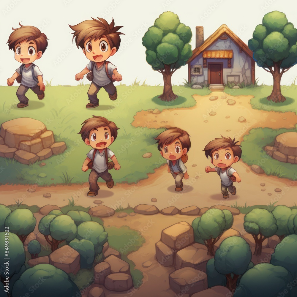 an asset pack for 2D video game of a boy running, boy is seen from the ...