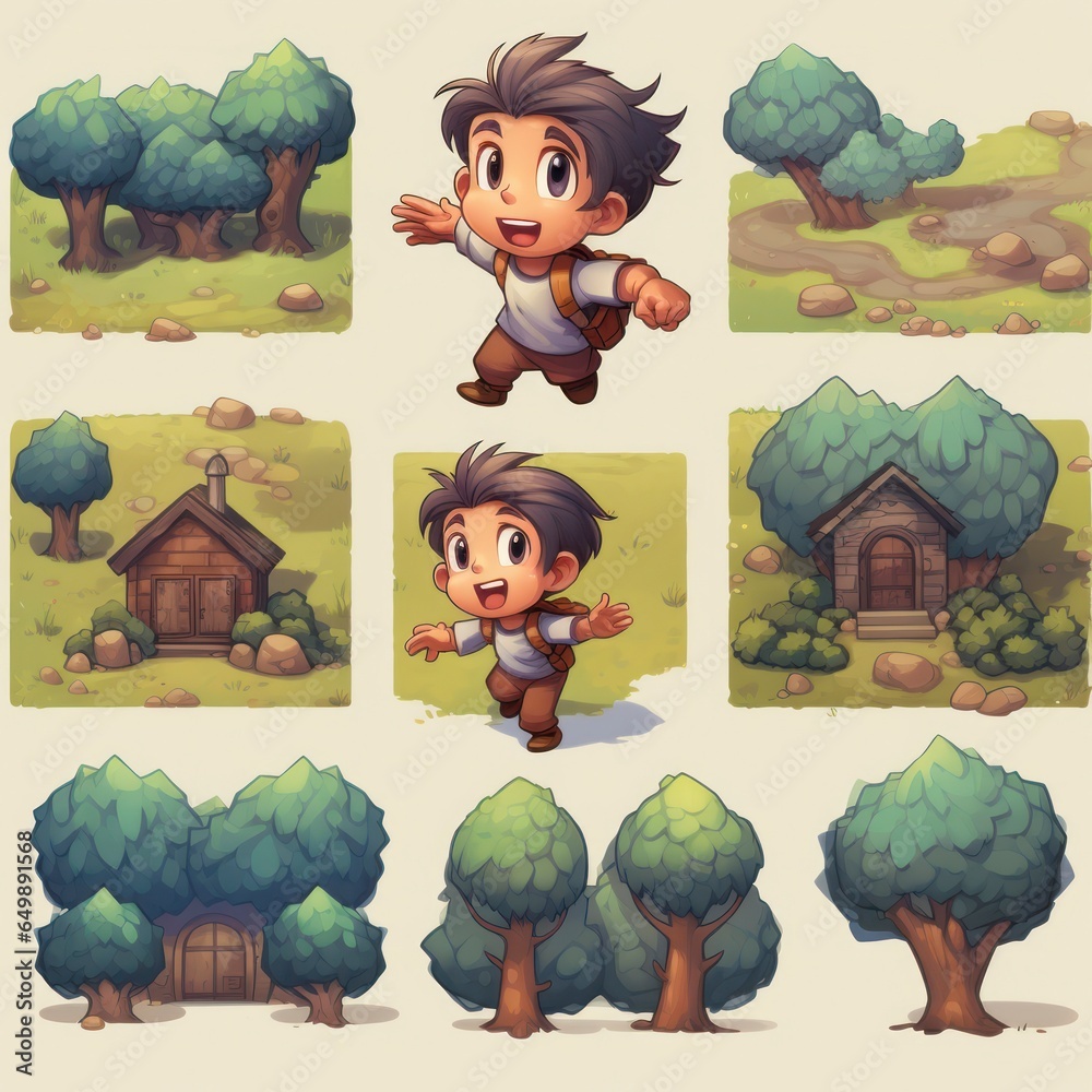 an asset pack for 2D video game of a boy running, boy is seen from the ...